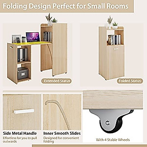 Tangkula Extendable Computer Desk for Small Space, Reversible Home Office Desk with Anti-Tipping Kit, Folding Study Writing Desk, Pull-Out PC Laptop Workstation Desk, Brown/Natural (Natural)