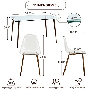 Glass Dining Table Set for 4, 51 inch Dining Table & Chair Sets with Dark Wood Metal Legs for Kitchen, Modern Rectangle Tempered Glass Table Top and Transparent Plastic Dining Chair for Dining Room