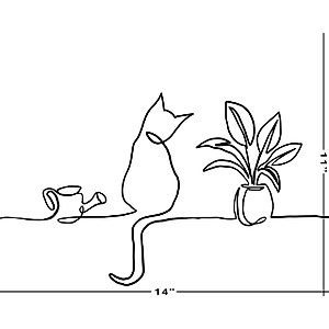 Minimalist Cat Wall Art - 14x11" UNFRAMED Print - Cat Line Drawing Wall Art With Plants - Black And White Wall Decor - Cat Lover Gifts