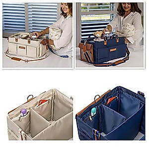 Diaper Caddy With Shoulder Strap & Entertainment Pouch Keeps Baby Still For Diaper Change. Waterproof Diaper Organizer Canvas Fabric Wipe Clean. Diaper Caddy Organizer Multiple Compartments (Beige)