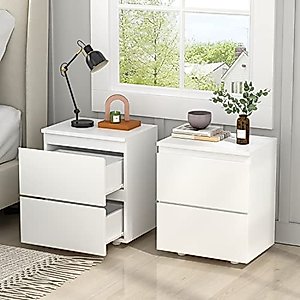 AIEGLE White Nightstand with 2 Drawers, Small Wood Storage Bed Side Table End Table Set of 2, Handle Free Storage for Bedroom Living Room Office (15.7" W x 11.6" D x 18.9" H)