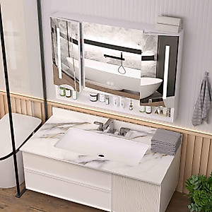 39x28 in Bathroom Mirror Cabinet, Bathroom Storage Cabinet with Adjustable LED Lights, Mirror with Storage, Wall-Mounted Medicine Cabinet with Defogging Mirror, Towel Rail & Multiple Shelves (39x28)