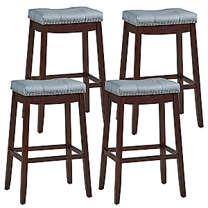 COSTWAY Bar Stools Set of 4, 29-Inch Height Backless Counter Stool with Footrest, Soft Seat Cushion, Wood Legs and Non-Slip Foot Pad, Saddle Stools for Home Kitchen Living Room, Stone Gray+Dark Brown