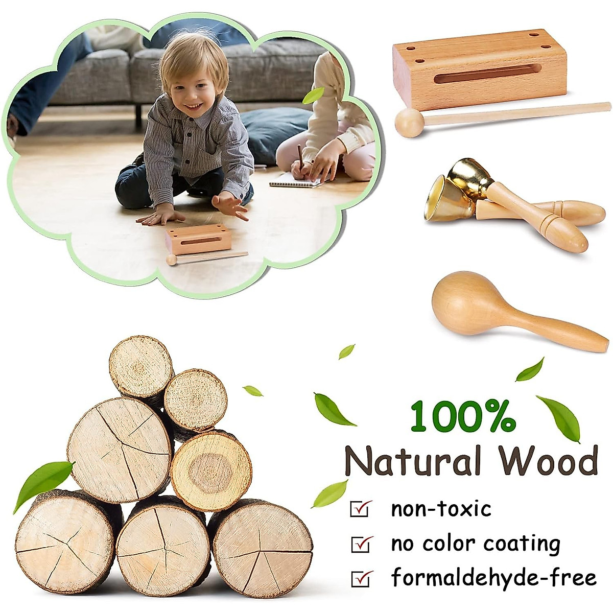 LOOIKOOS Toddler Musical Instruments, Eco Friendly Musical Set for Kids Preschool Educational, Natural Wooden Percussion Instruments Musical Toys for Boys and Girls with Storage Bag
