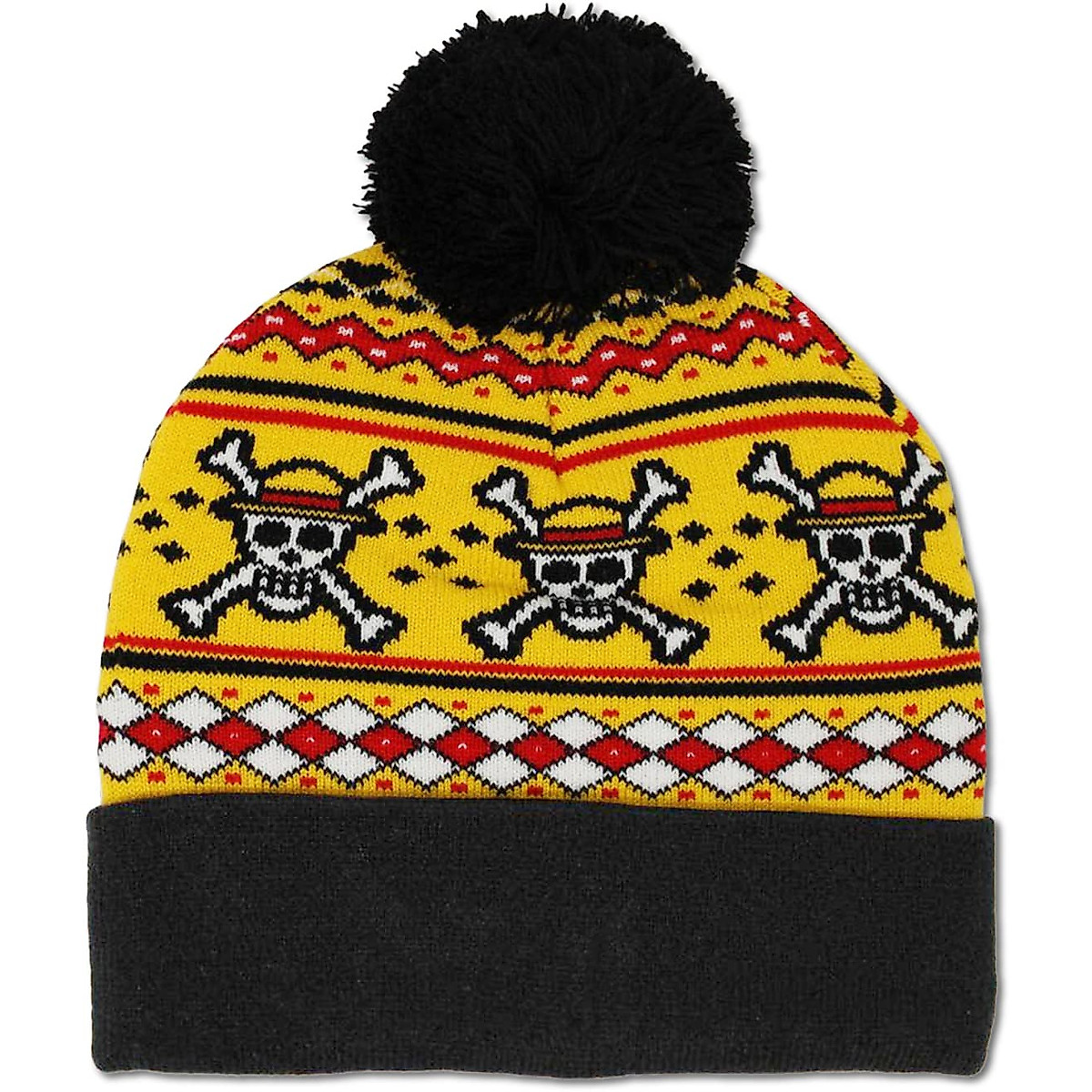 Ripple Junction One Piece Straw Hat Crew Adult Anime Mens Womens Fitted Knit Winter Hat Pom Pom Beanie Black and Yellow