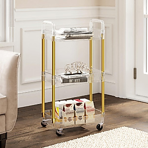 Dttwacoyh 3-Tier Rolling Cart，Makeup Cart with Wheels，Snack Cart，PET and Metal Rolling Cart for Living Room，Kitchen，Office，Bathroom，Golden