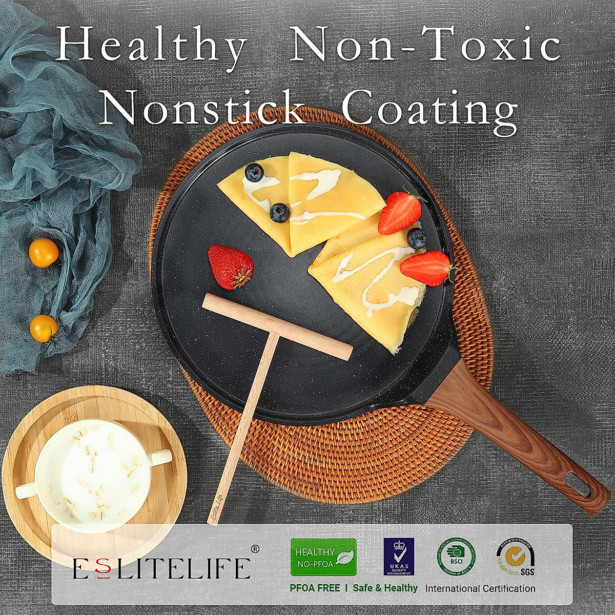 ESLITE LIFE 8 Inch Crepe Pan with Spreader, Nonstick Granite Coating Mini Flat Skillet Dosa Tawa Comales Para Tortillas Pancake Pan, PTFE & PFOA Free, Black