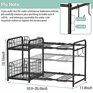 Under Sink Organizers and Storage, Zitaloken Bathroom Cabinet Organizer with Pull Out Drawer & Expandable Shelf, Kitchen Sink Organizer Metal Rack with Non-slip Feet, Matte Black
