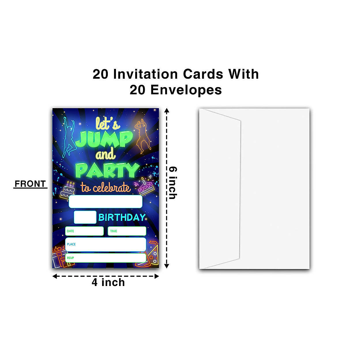 ONDTOM Jump Trampoline Birthday Party Invitations With Envelopes(4" x 6")- 20 Pack - Bounce House Party Invites-c06