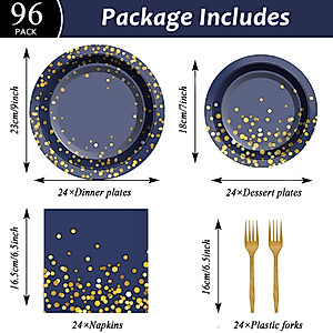 96 Pcs Blue and Gold Party Plates Napkins Tableware Set Navy Gold Dot Supplies Disposable Dinnerware Blue Birthday Party Decoration Favors for Wedding Bridal Baby Shower Graduations Party, 24 Guests