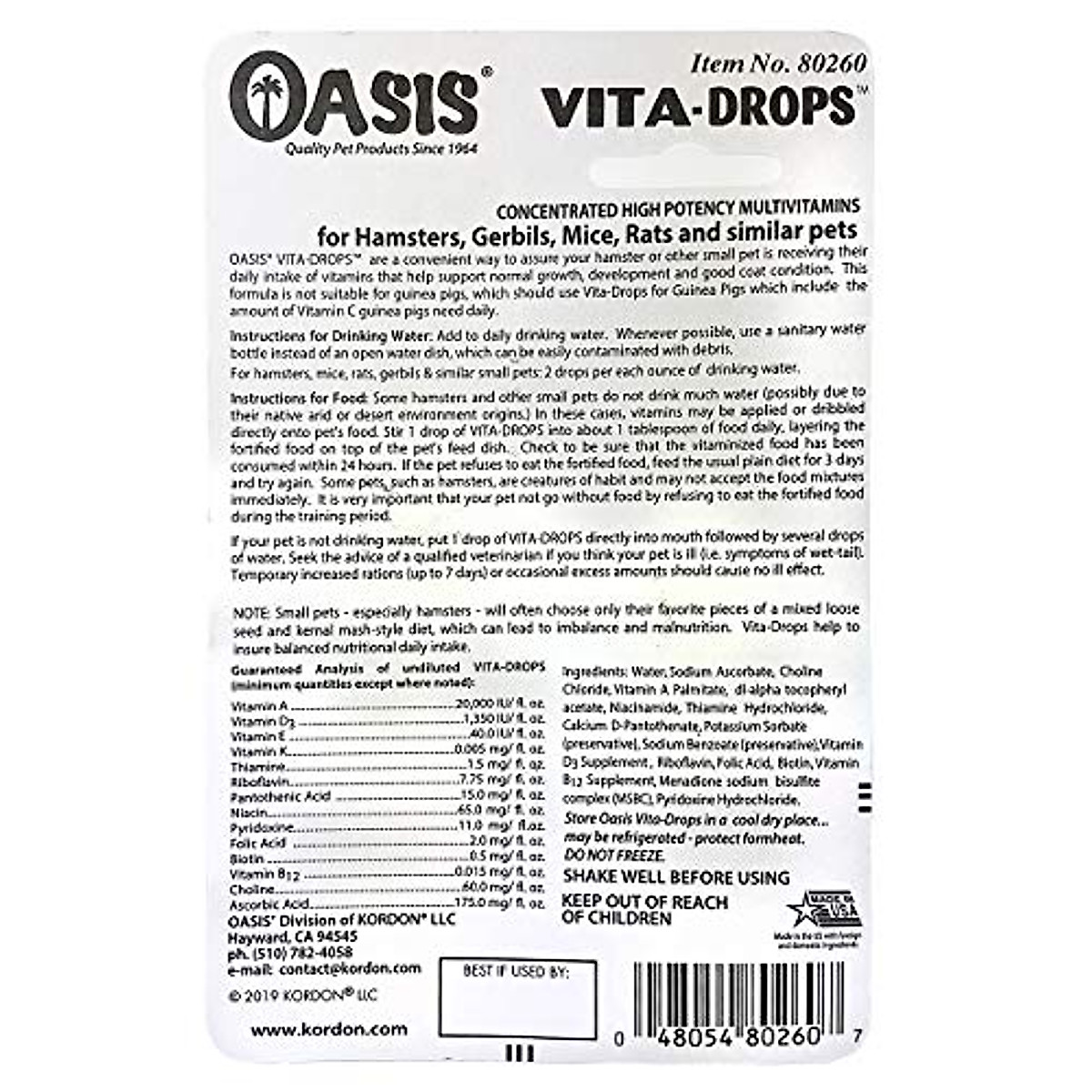 Oasis Hamster Vita-Drops All-in-1 Multivitamins - Daily Vitamin Supplement Supports Healthy Bones & Teeth, Joints & Digestion, Promotes Healthy Skin Coat, Orange Flavor, 2-Ounces