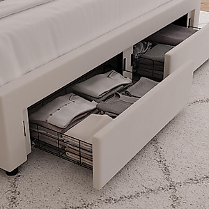 HITHOS Queen Upholstered LED Bed Frame with 2 Storage Drawers, Velvet Platform Bed with Wingback Headboard, Solid Wooden Slats Support, No Box Spring Needed, Headboard Splicing Design, Beige