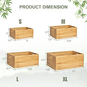 ANMINY Set of 4 Nesting Wooden Crates for Storage, Bamboo Wood Storage Containers Bins, Handmade Natural Large Wooden Storage Boxes Baskets with Handles for Organizing Shelf Closet Cabinet
