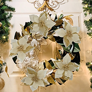 12-Pack 5.9'' Gold Glitter Poinsettia Artificial Flowers - Christmas Tree Decorations with Clips
