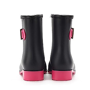 Toe Boots Women Low-Heeled Middle Shoe Rain Buckle Waterproof Round Women's Rain Shoes Craftsmen Work Boots Mens (Hot Pink, 9)