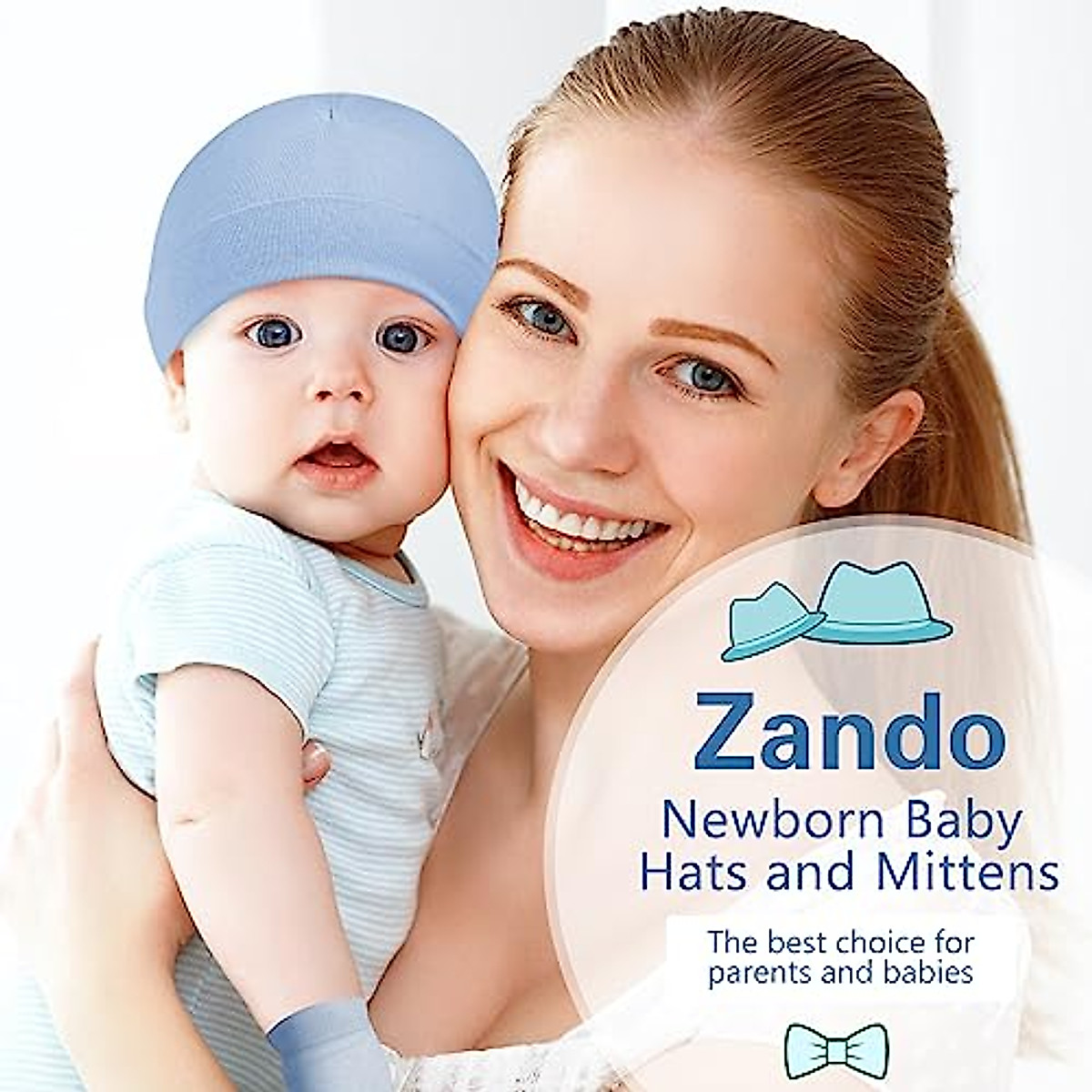 Zando Baby Hats and Mittens Unisex Infant Beanie Caps Newborn Hospital Hat with Scratch Mitten Set for Baby Boys Grils 4 Pack 2 One Size
