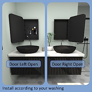 KeepTech 16”Wx24”H Farmhouse Framed Medicine Cabinet with Mirror, Matte Black Finish, Recessed or Surface Mount, Adjustable Shelves, Rounded Rectangle Bathroom Medicine Cabinet,Install Left or Right