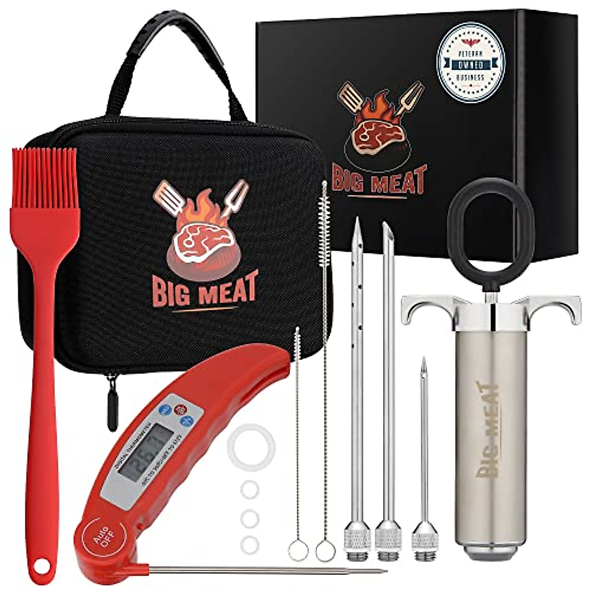 Big Meat Injectors For Smoking - Stainless Steel Meat Injector Syringe Starter Kit, 2oz Marinade Injector Gift Set with 3 Needles, Food Thermometer & Basting Brush - Food Injector