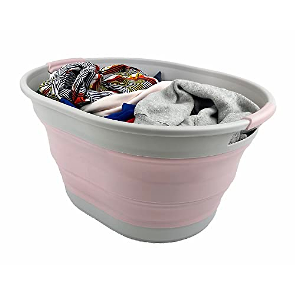 SAMMART 23L (6 Gallons) Collapsible Plastic Laundry Basket - Oval Tub - Foldable Storage Container/Organizer -Portable Washing Tub -Space Saving Laundry Hamper (Grey/Pale Pink)