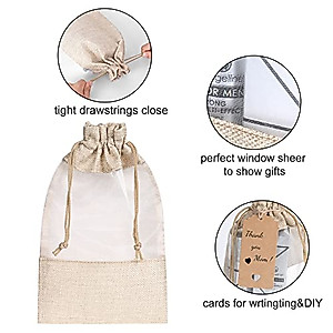 15 Pack 6.3x9.5 Inches Beige Linen Burlap with Sheer Window Organza Gift Bag with Drawstring for Christmas Gifts Wedding Party Favors Cosmetic Perfume Mesh Pouch