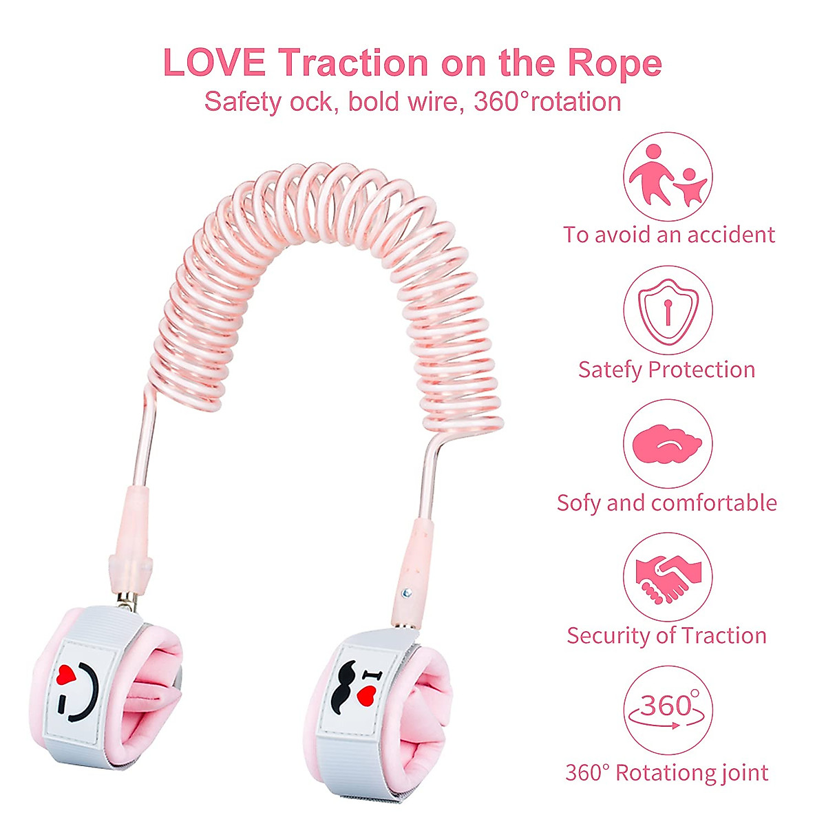 HUGVIDAS Anti-Lost Wrist Strap, Child Safety Belt with Key Lock, Breathable Toddler Traction Belt, Anti-Lost Wrist Strap (Pink 2, 2M/6.5Ft)