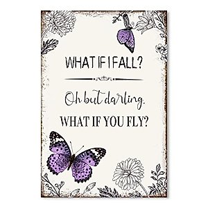 YPY Inspirational Quote Canvas Wall Art : Purple Butterfly Picture Motivational Framed Poster, What if I Fall Positive Sign for Teen Girl Bedroom 10" x 15"
