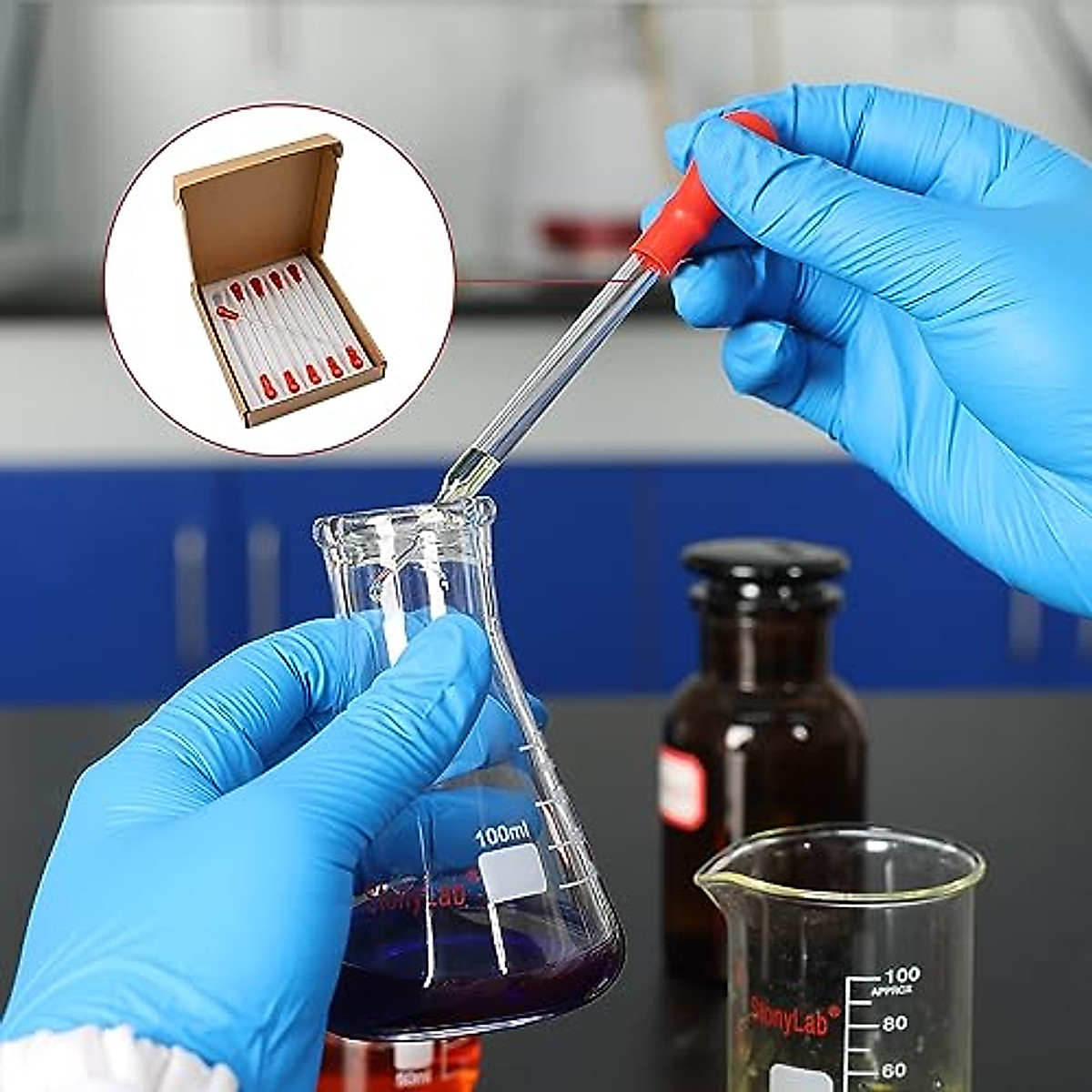 StonyLab Glass Dropper Pipettes, Thick Borosilicate Glass Dropping Pipettes 3ml Non-Graduated Liquid Transfer Pipettes with Red Rubber Caps for Laboratory Chemistry, Set of 10