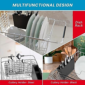 KESOL Over The Sink Drying Rack, Expandable Dish Rack with 2 Utensil Holders (1 Plastic & 1 Steel), 304 Stainless Steel Drying Rack for Kitchen Sink with Anti-Scratch Base, Rustproof Dish Drainer