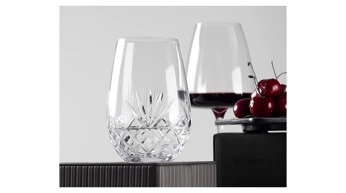SHOSHIN Hand Cut Stemless Wine Glass Set - 18 oz