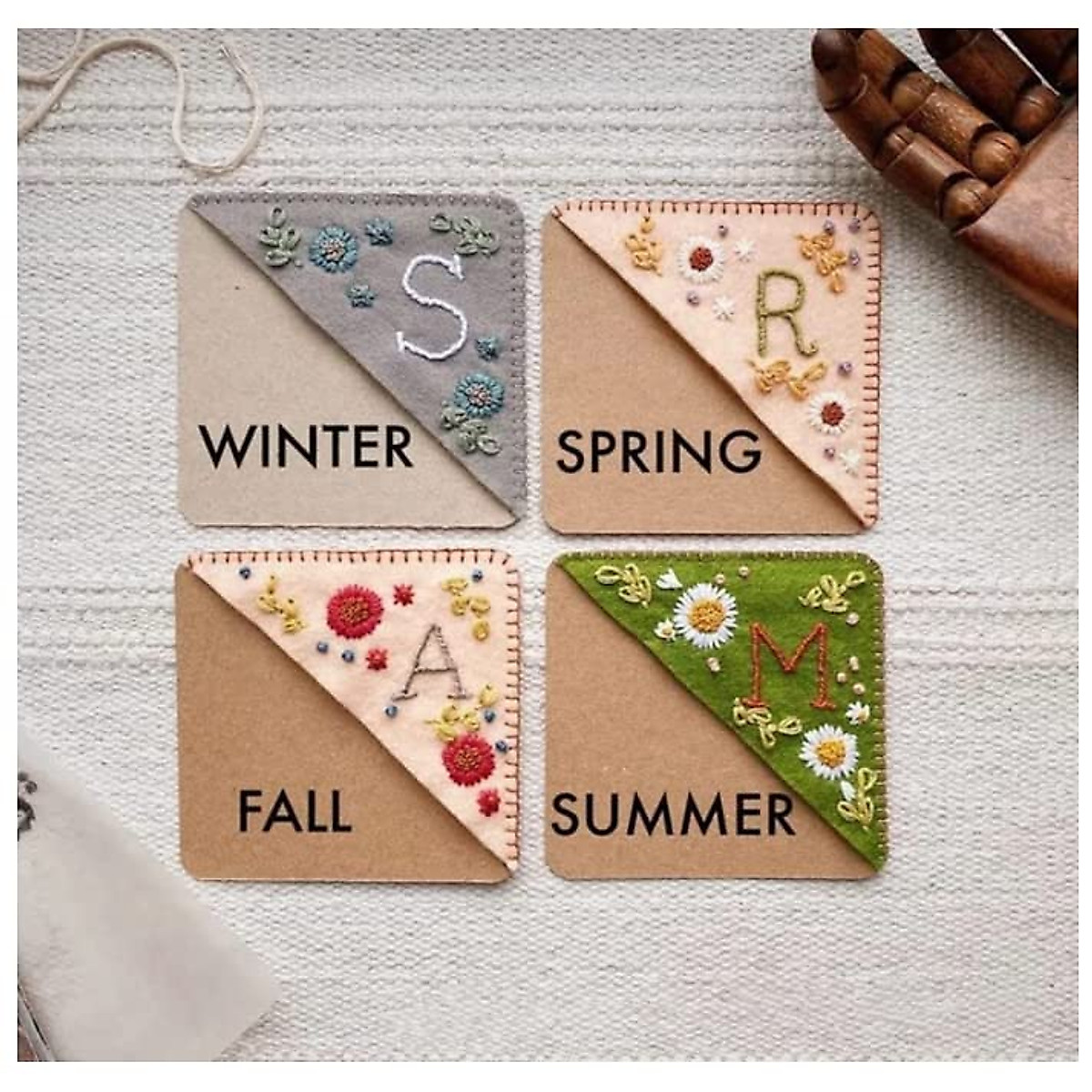 Personalized Hand Embroidered Corner Bookmark, Hand Stitched Felt Corner Letter Bookmark, Felt Triangle Bookmark, Cute Flower Letter Embroidery Bookmarks for Book Lovers（Summer-T）