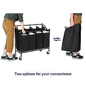 SONGMICS 4-Bag Laundry Cart Sorter, Rolling Laundry Basket Hamper, with 4 Removable Bags, Casters and Brakes, Black URLS90H