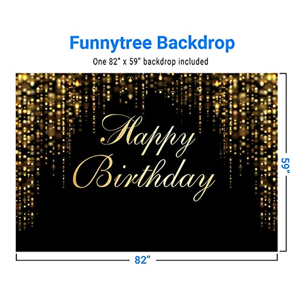 Funnytree 82" x 59" Happy Birthday Party Backdrop Black and Gold Glitter Bokeh Sequin Spots Photography Background Golden Sparkle Shining Dots Baby Abstract Milestone Banner Cake Table Decor Photo