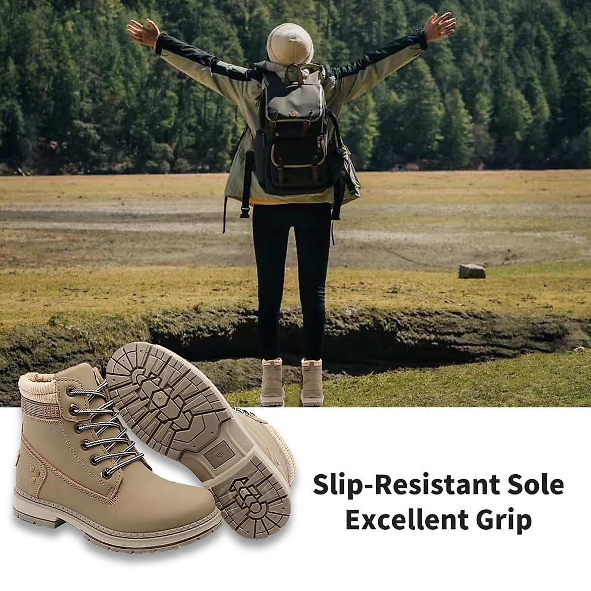 Cross Hill Women Hiking Work Boots - Waterproof Cute Ankle Combat Booties Lace Up Low Heel Lightweight Comfortable Black Khaki Camel Beige