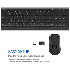 Arteck 2.4G Wireless Keyboard and Mouse Combo HW193MW162 Stainless Ultra Slim Full Size Keyboard and Ergonomic Mouse for Computer Desktop PC Laptop and Windows 11/10/8/7 Build in Rechargeable Battery