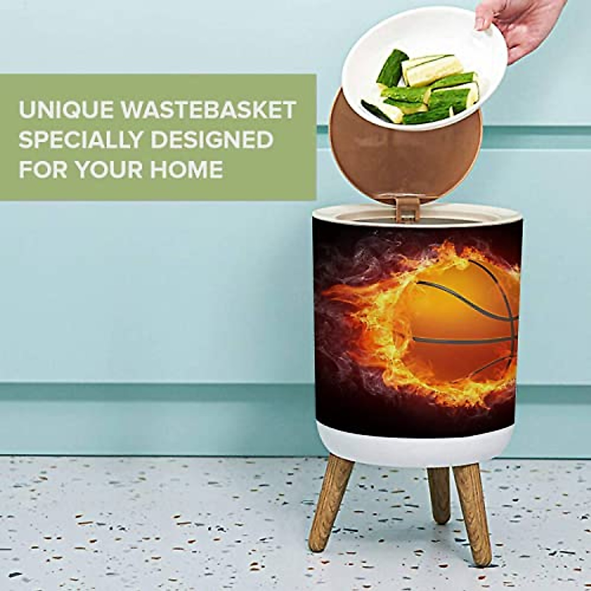 PHAIBHKERP Small Trash Can with Lid Basketball Ball Garbage Bin Round Waste Bin Press Cover Dog Proof Wastebasket for Kitchen Bathroom Living Room 1.8 Gallon