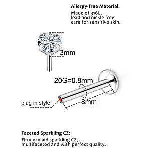 Xwnskvvz Threadless Tragus Earrings Surgical Steel Medusa Piercing Jewelry Round Shaped Clear CZ Labret Studs Monroe Lip Ring Helix Conch Cartilage Earrings for Women Men 20G