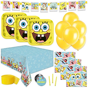 Spongebob Party Supplies Set | Serves 16 Guests | Spongebob Party Decorations With Table Cover, Banner Decoration, Spongebob Plates, Napkins, Balloons, Crepe Streamer, Candles and Button