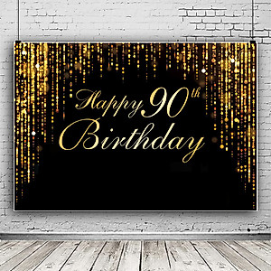 Happy 90th Birthday Party Decorations Backdrop, Black Gold Glitter Bokeh Dots Birthday Party Photo Background Cake Table Banner Extra Large Wall Decor Props Party Decorations Supplies (73'' x 50'')