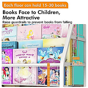 yazi Kids Bookshelves with Toy Storage Organizer, Large 35inx38in 6 Tier Metal Kids Bookcases with 3 Storage Boxes Organizer Shelf in Nursery, Playroom, Study Room,Nursery for Preschooler Children
