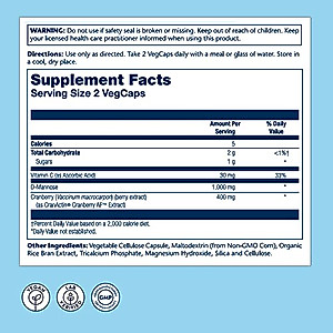 Solaray D-Mannose with CranActin Cranberry Supplement 400mg, Urinary Tract Health & Bladder Support Capsules with Vitamin C, Vegan, 60 Day Guarantee, 75 Servings, 150 VegCaps