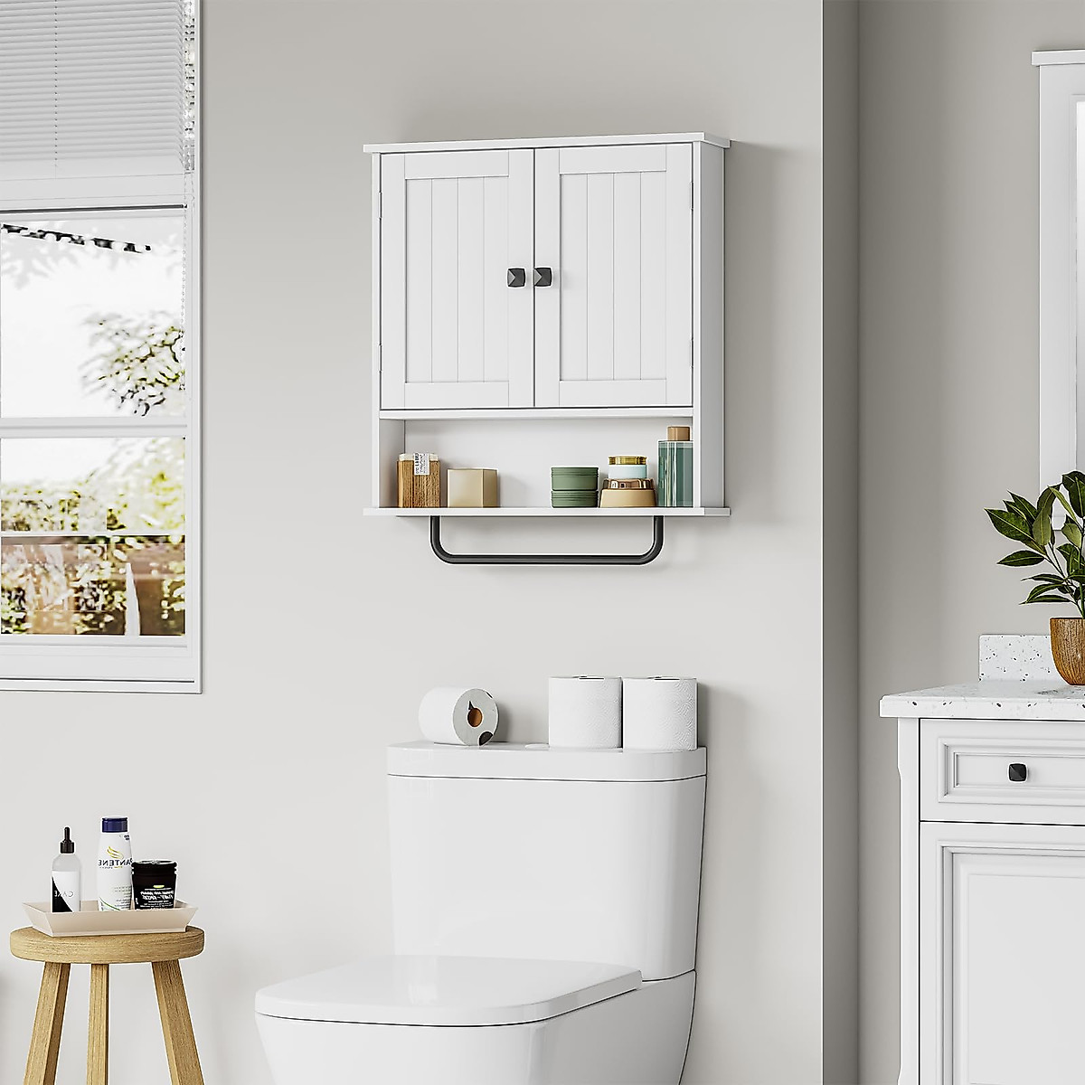 RRX Bathroom Cabinet Wall Mounted Medicine Cabinets with Towels Bar, Over The Toilet Storage Cabinet with 2 Doors and Adjustable Shelf, White Wall Cabinet for Bathroom Laundry Kitchen