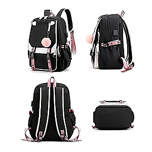 Kawaii Contrast Backpacks for Teen Girls Aesthetic Cute Backpack for Girls College with Usb Port, Cute Backpack with Charging Port (Black 30cm*21cm*44cm)