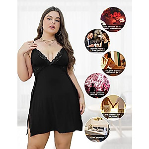 Queenfox Plus Size Babydoll Lingerie for Women Sexy Nightgowns Side Slit Sleepwear V-Neck Babydoll Dress Lace Chemise Black 3XL