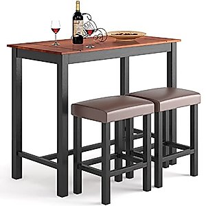 COSTWAY 3 Pieces Dining Table and Chair Set, Counter Height Wood Breakfast Table Set with 2 Upholstered Stools, Industrial Wood Kitchen Table Set for Bar Bistro,Living Room, Restaurant