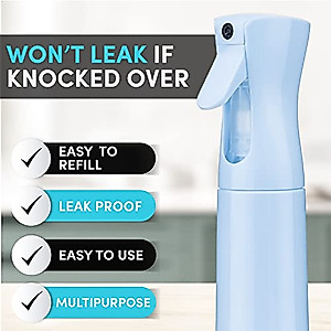 Hula Home Continuous Spray Bottle (10.1oz/300ml) Empty Ultra Fine Plastic Water Mist Sprayer – For Hairstyling, Cleaning, Salons, Plants, Essential Oil Scents & More - Light Blue