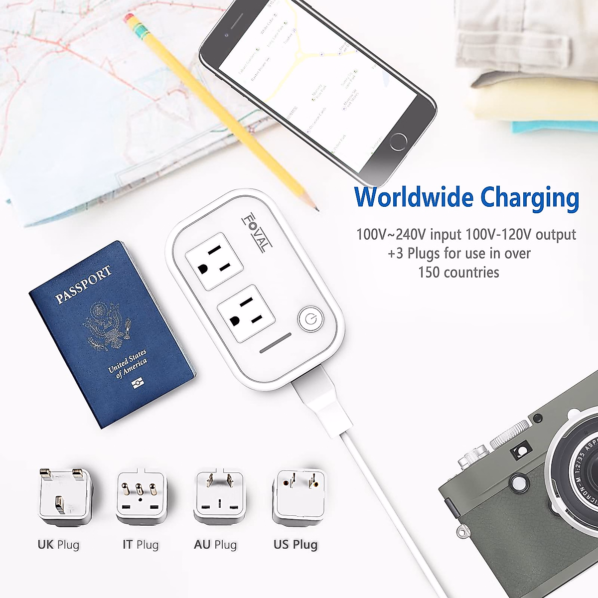 FOVAL Power Step Down 220V to 110V Travel Voltage Converter International Power Adapter for Hair Straightener/Curling Iron with 4-Port USB Charging US/UK/AU/IT/EU Universal Plug Adapter White