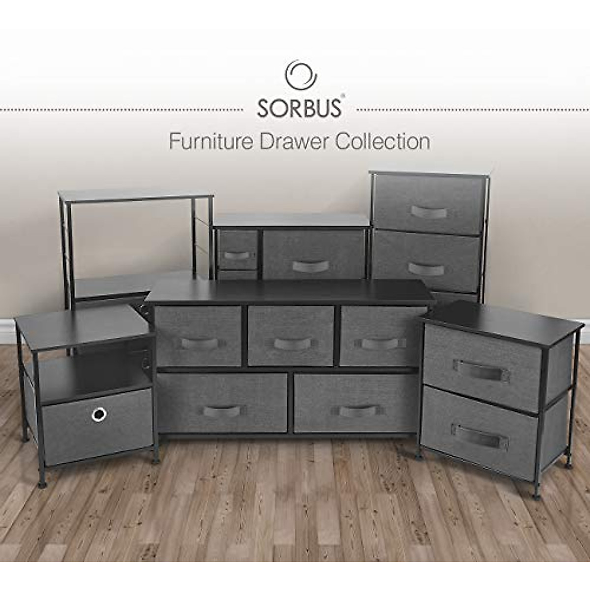Sorbus Narrow Dresser with 4 Drawers - Vertical Slim Storage Chest of Drawers with Steel Frame, Wood Top & Easy Pull Fabric Bins for Small Spaces, Closets, Bedroom, Bathroom & Laundry (Black/Charcoal)