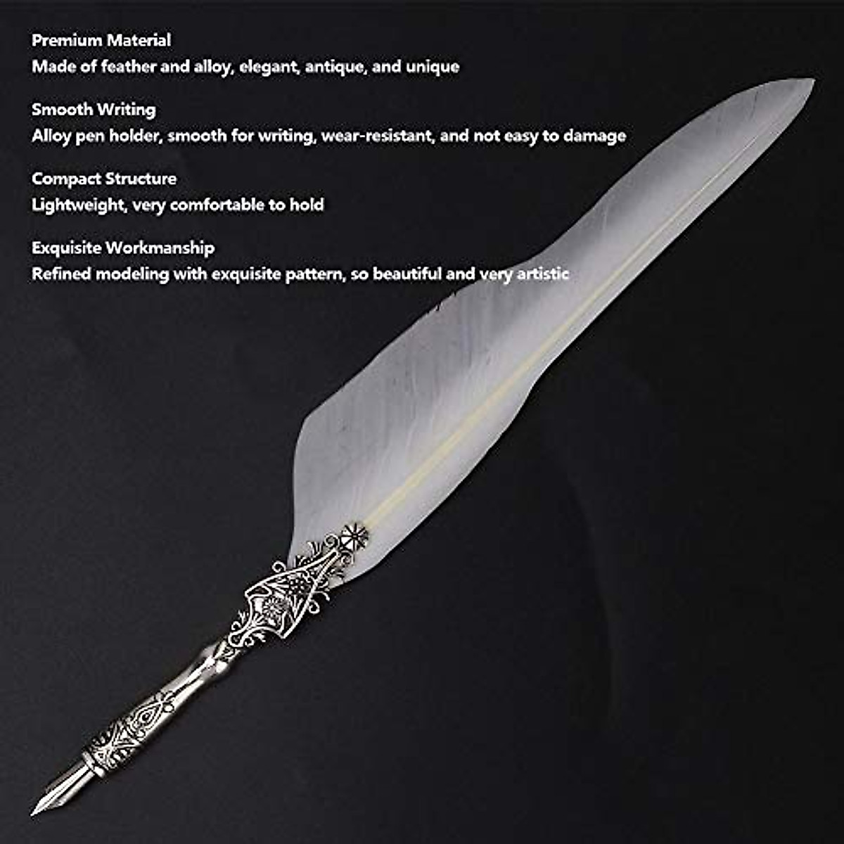 Vikye Quill Pen, English Calligraphy Retro Feather Quill Dip Pen Fountain Pen Sign Pen Set Stationery Gift (White)