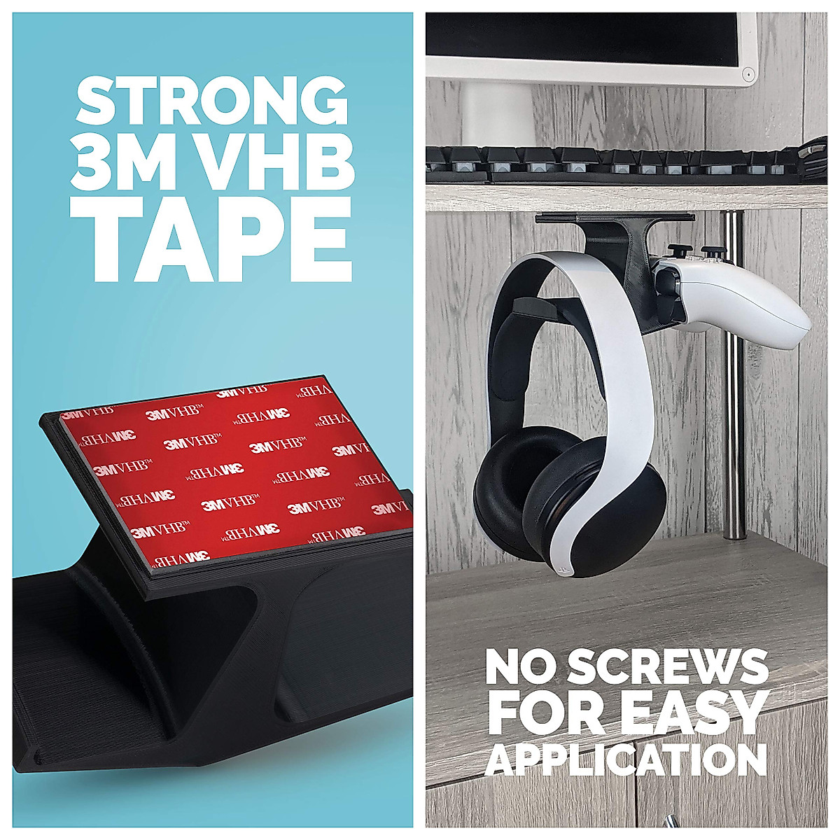 BRAINWAVZ The Gorgon - Under Desk Game Controller & Headphone Holder for XBOX, PS4, PS5, Series One, Steelseries, PC & Most Gamepads & Headsets, Screwless Hanger Stand, Black