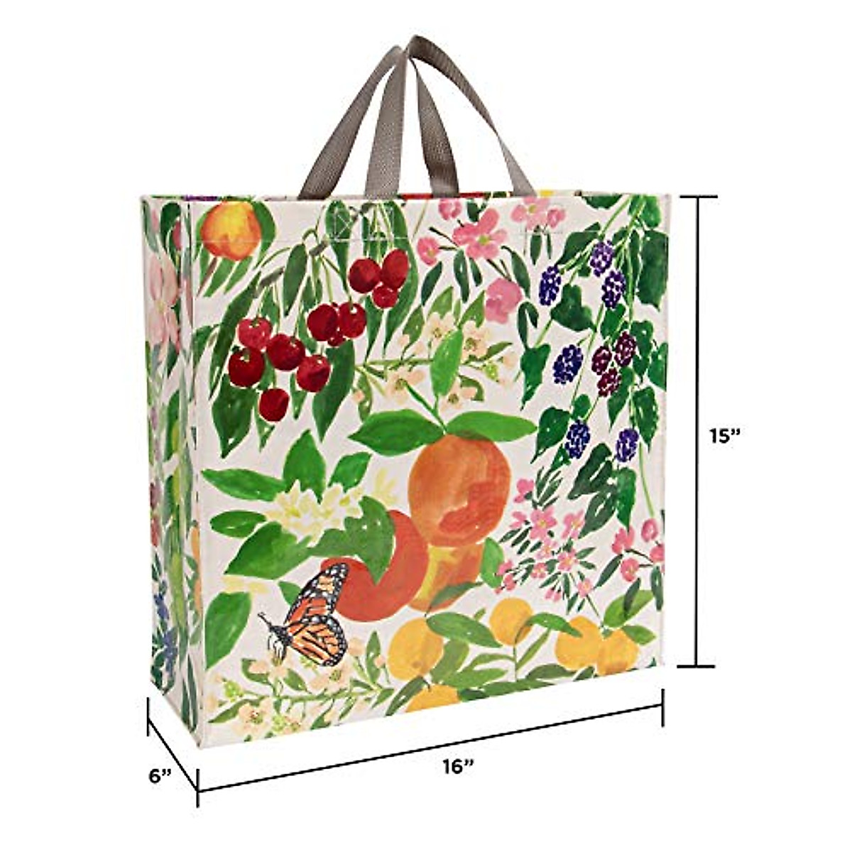 Blue Q Shopper, Orchard. Reusable grocery bag, sturdy, easy-to-clean, made from 95% recycled material, features both hand and shoulder straps, 15" h x 16" w x 6" d